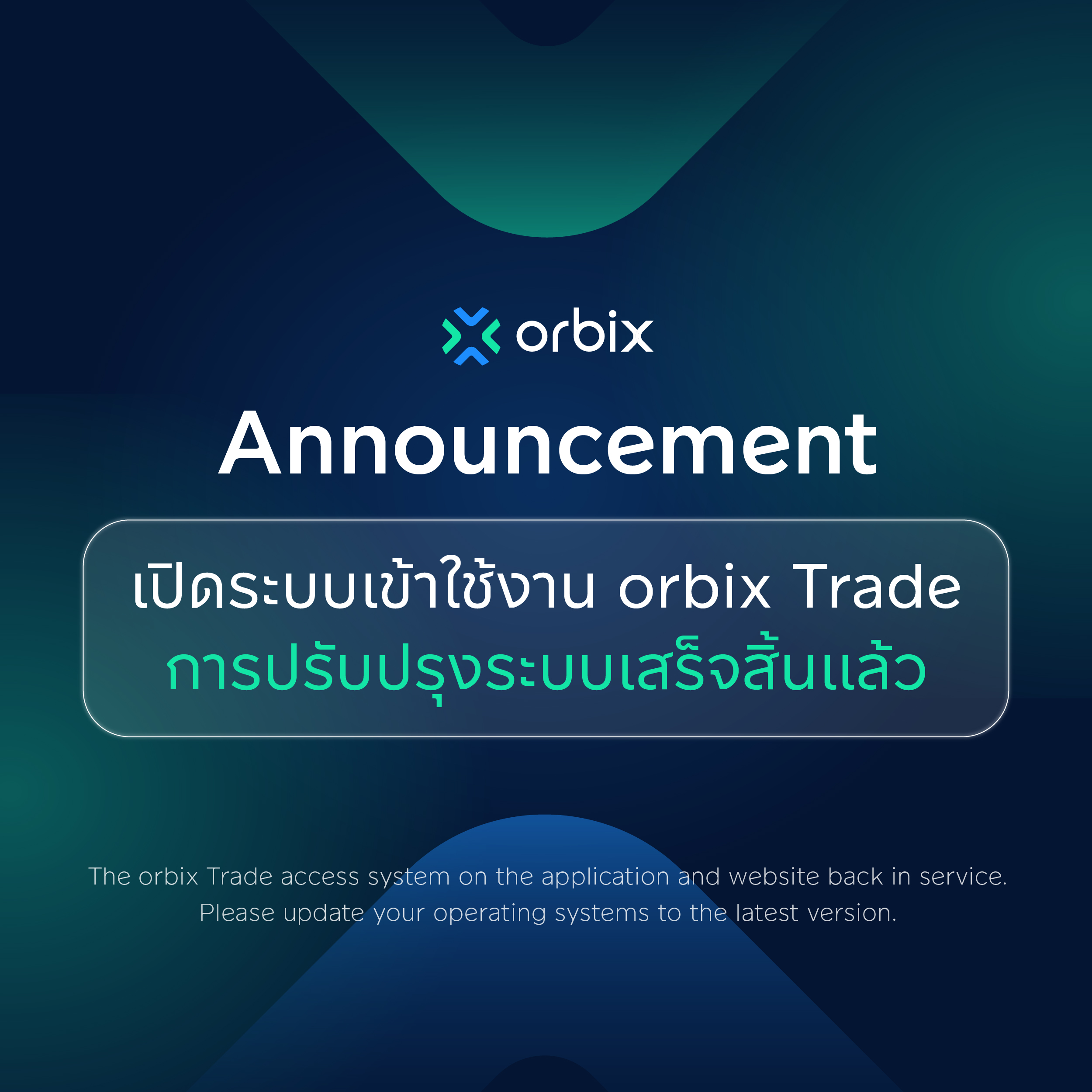 Important Announcement: The orbix Trade access system on the application and website back in service
