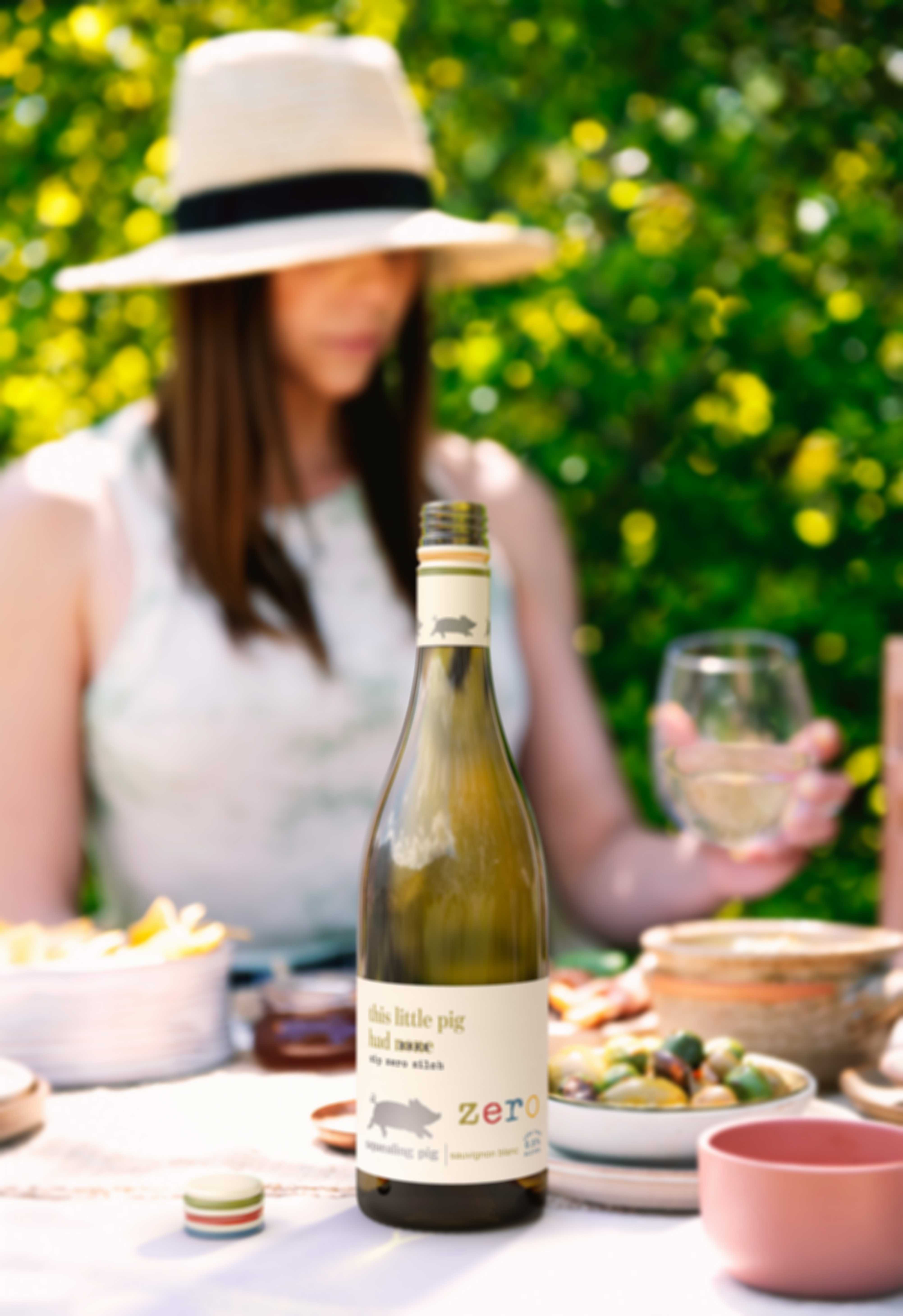 A close up image of a bottle of Squealing Pig Zero alcohol wine on a ...