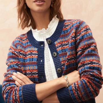 Merino Lambswool Fair Isle Cardigan in Indigo | Women | Brora