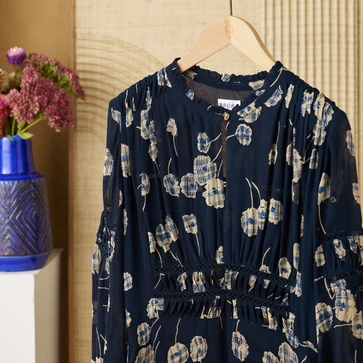 Navy Silk Graphic Flower Dress | Women's Dresses | Brora Fashion