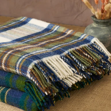 Navy & Green Wool Checked Rug | Accessories | Brora Sale