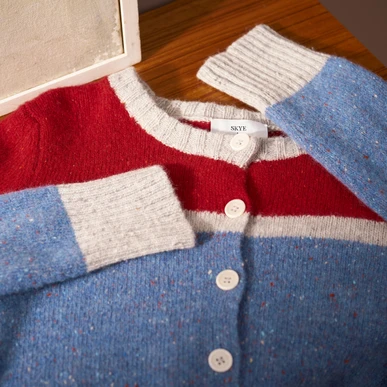 The Wool Donegal Colour Block Cardigan in Storm & Ruby | SKYE