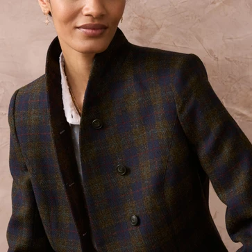 Navy Check Wool Fitted Jacket | Women's Jackets | Brora Fashion
