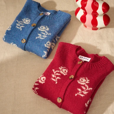 Wool Flower Motif Cardigan in Ruby | Women's Cardigans| Brora