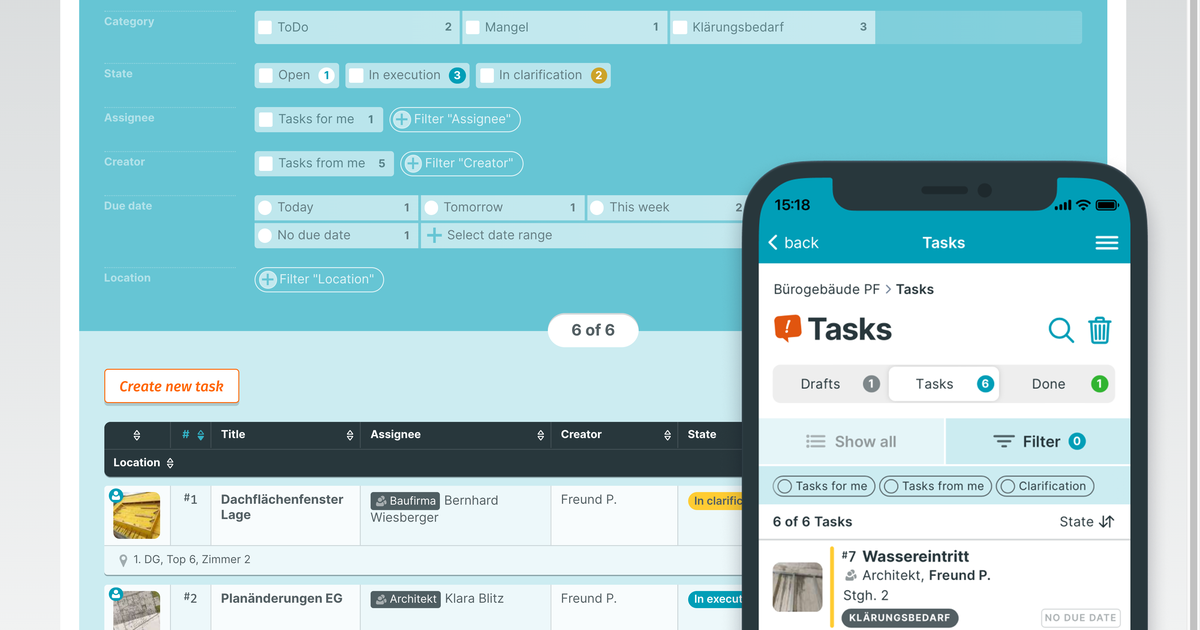 PLANFRED Construction Project Space – Tasks and defect management
