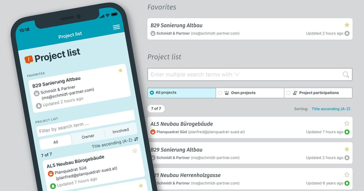The new clear project list from PLANFRED