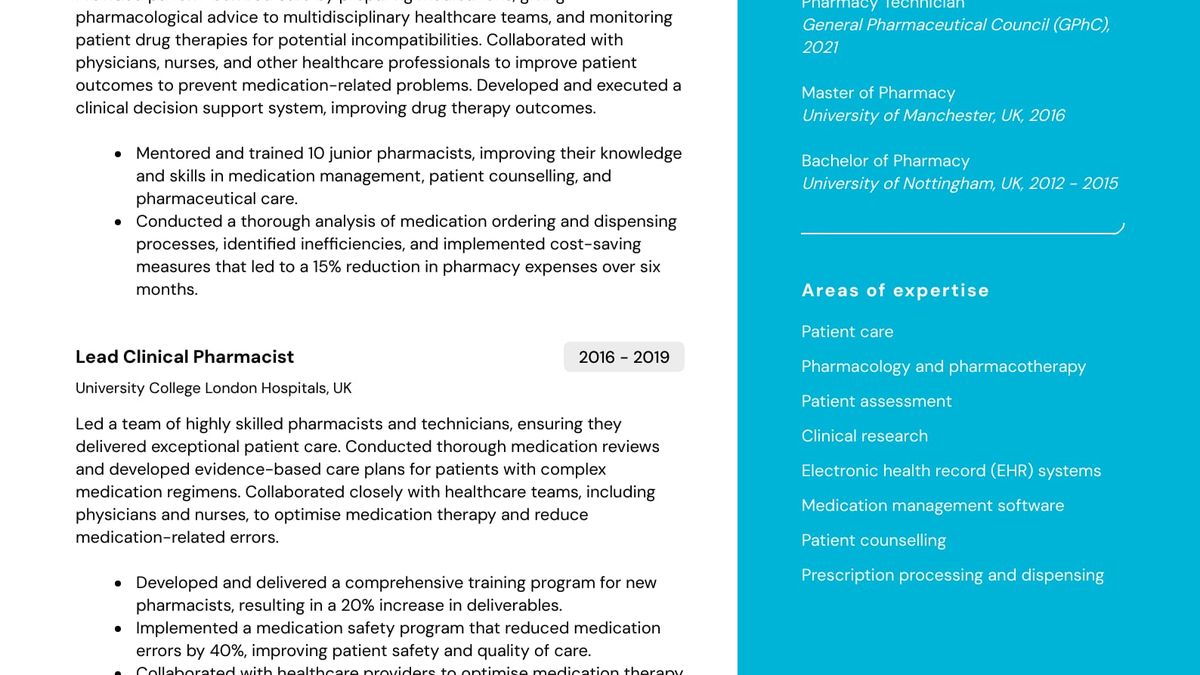 Pharmacist CV example in 2026 (Free Guide & Tips)