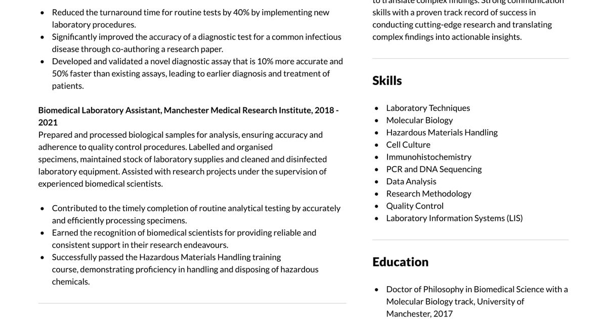 Biomedical Scientist CV example: Free writing guide