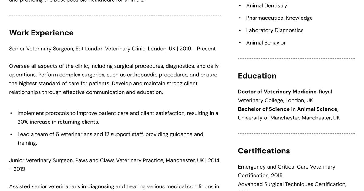 Free professional Vet CV Example & Step-by-Step Guide