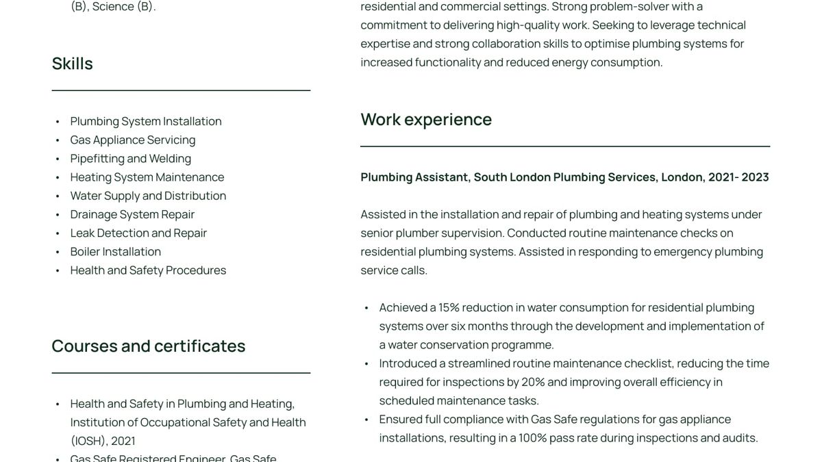 Plumber CV Example: Free writing guide and best tips!
