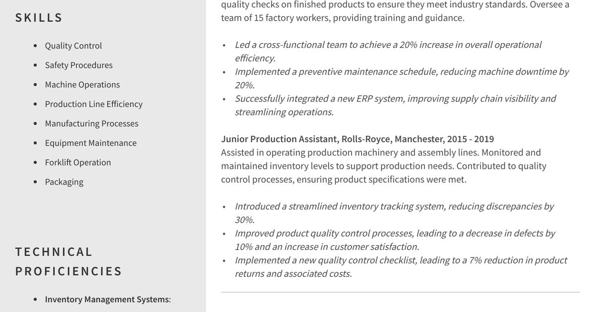 Factory Worker CV Example: Free writing guide!