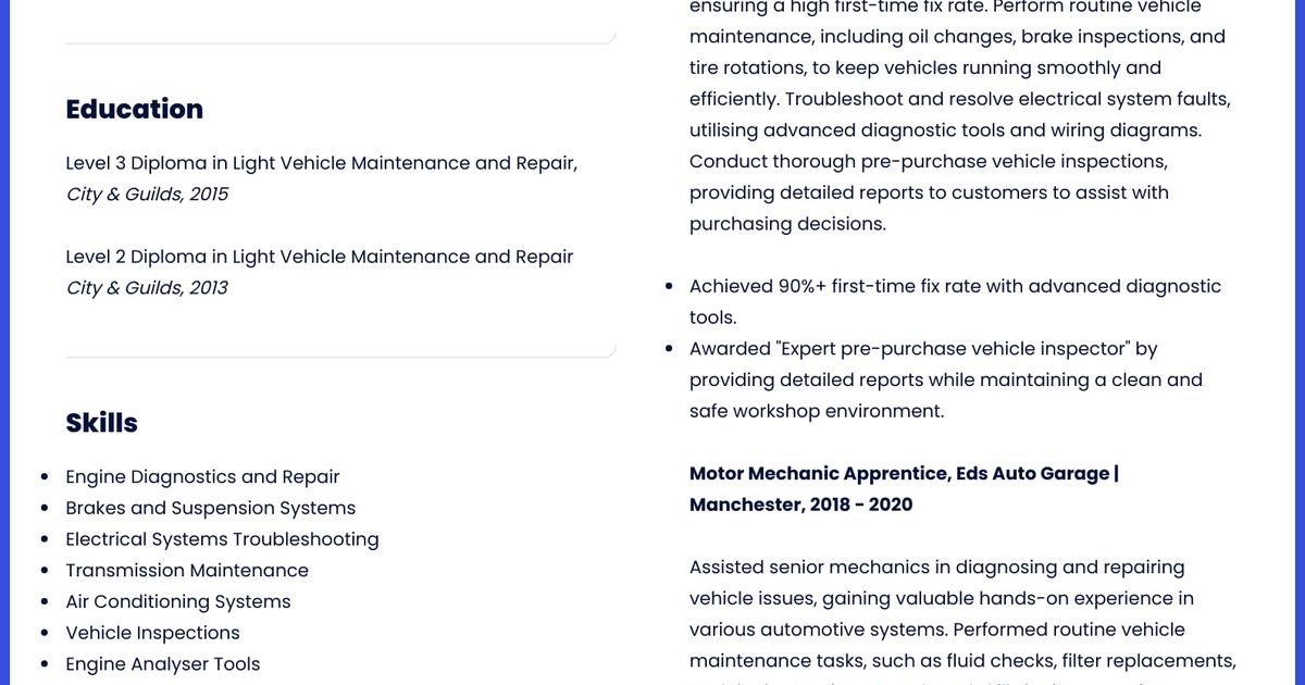 Mechanic CV Example and Writing Guide | 2025