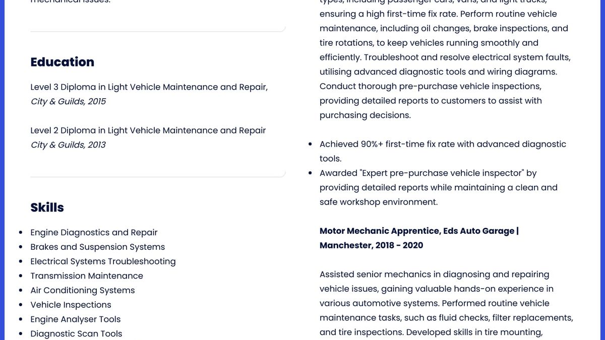 Mechanic CV Example and Writing Guide | 2025