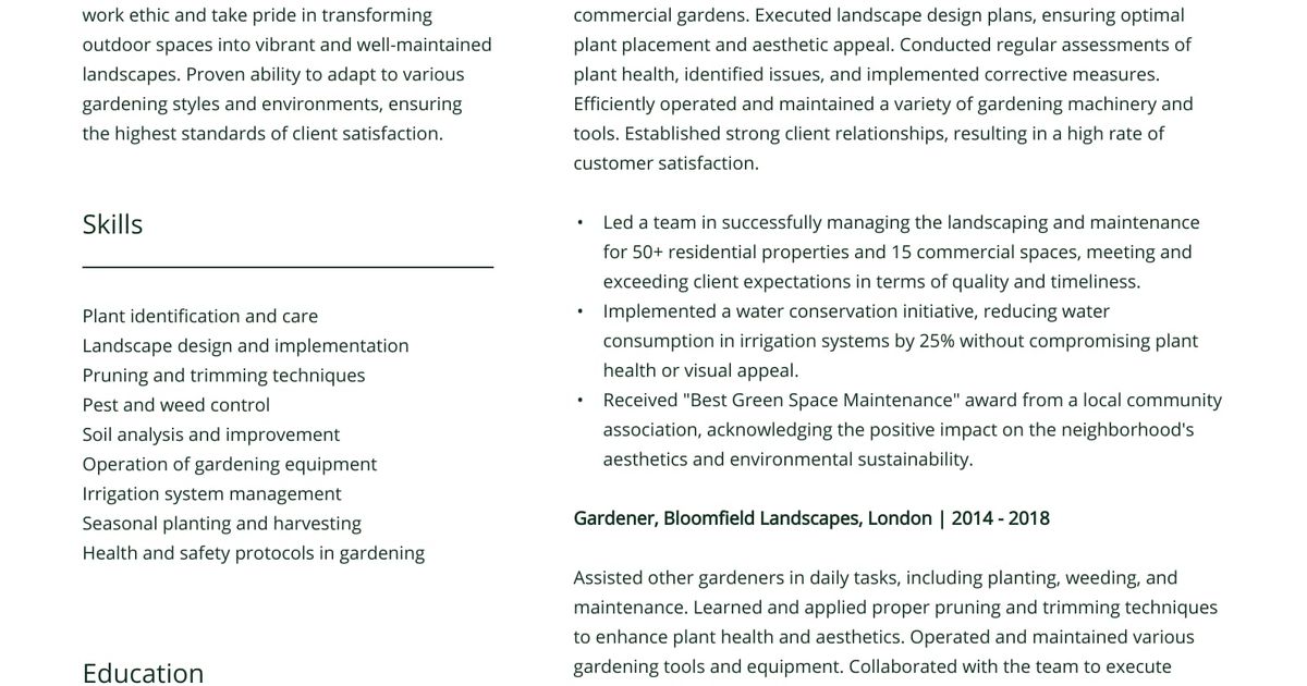 Gardener CV Example: Free to customise!
