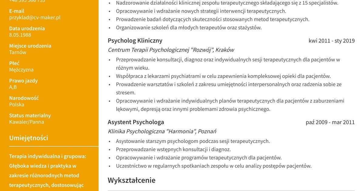 CV psychologa - Profesjonalne Szablony i Przykłady | CVMaker