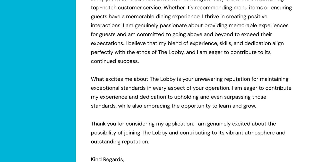 Waiter or Waitress Cover Letter (Guide + Examples) | 2025