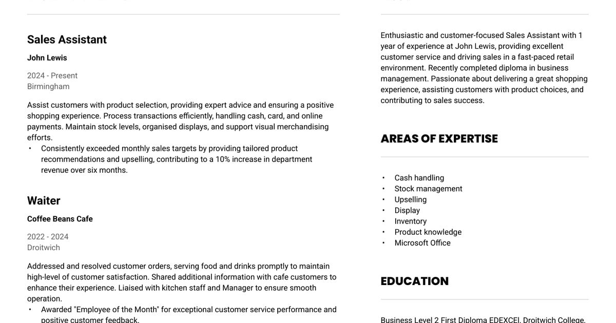 Sales Assistant CV Example | Get hired faster