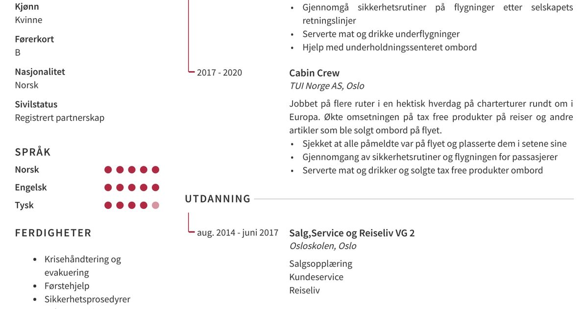 Kabinpersonale CV - Perfekt oppsett for Cabin Crew roller