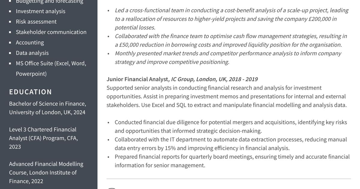 Financial Analyst CV Example - Free writing guide with tips!