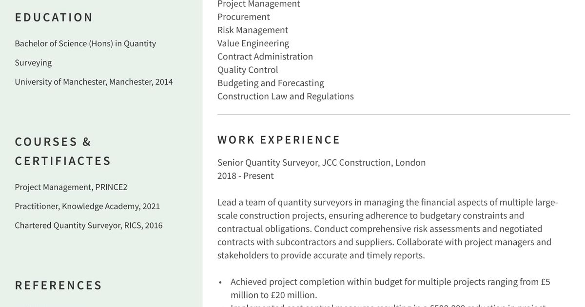 Quantity Surveyor CV Example: Free writing guide with tips!