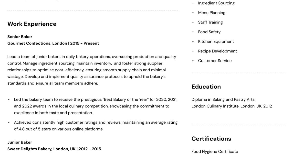 Free Baker CV Example with writing guide!