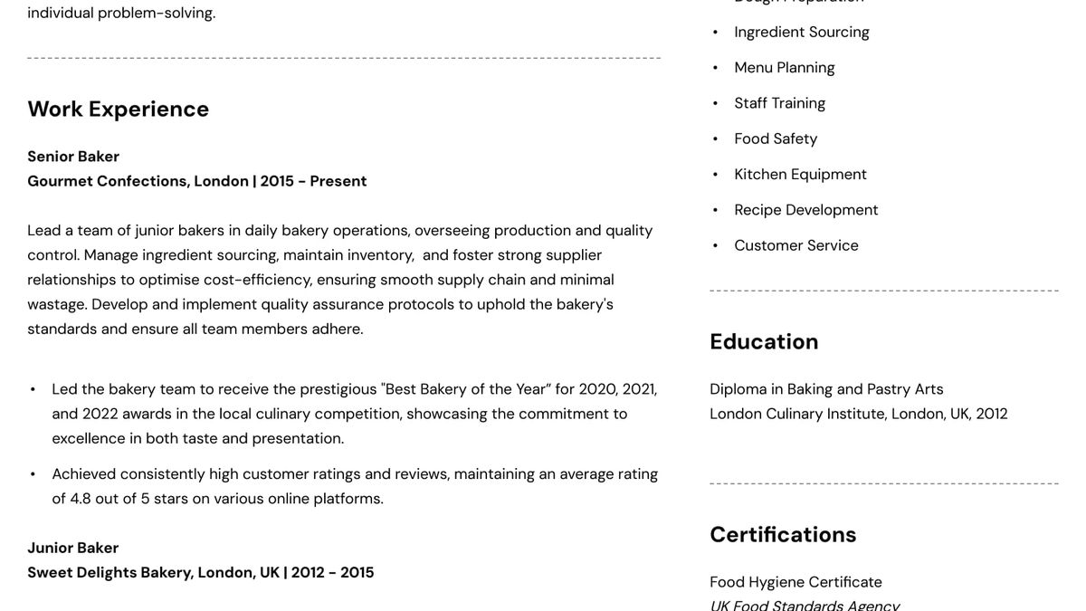 Free Baker CV Example with writing guide for 2026!