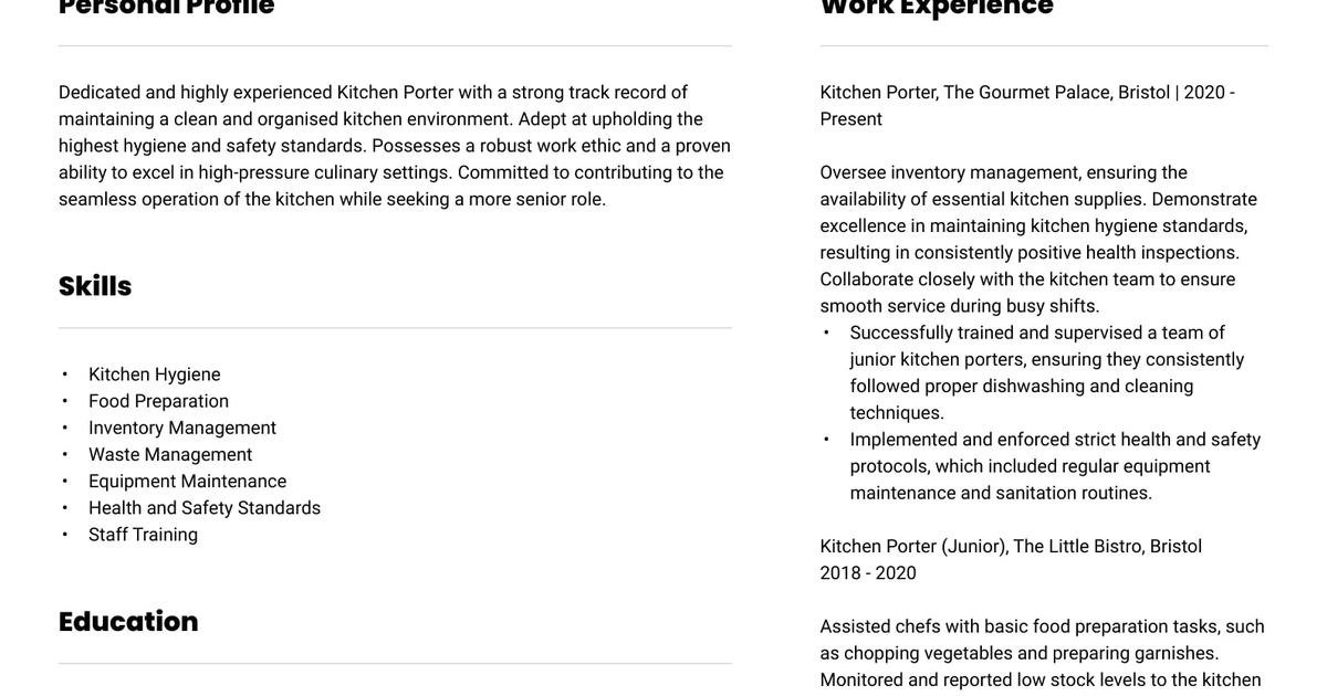 Kitchen Porter CV Example: Free writing guide