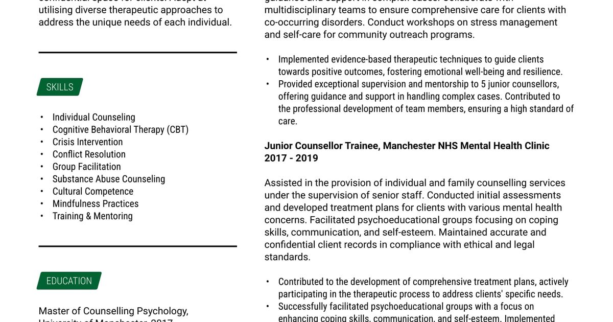 Counsellor CV Example: Free to customise!