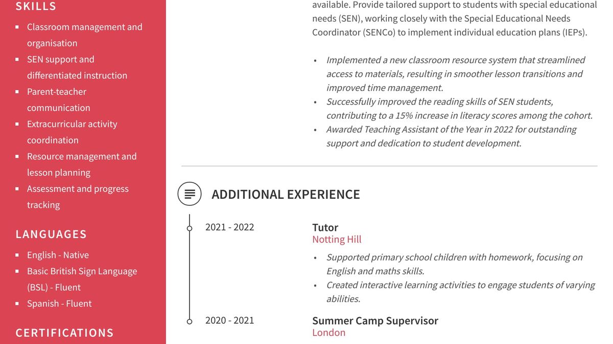 Teaching Assistant CV Example | Free Guide with Expert Tips