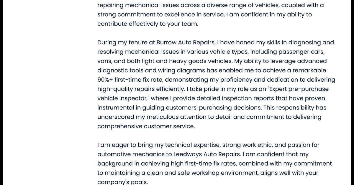 Mechanic Cover Letter Guide with Examples
