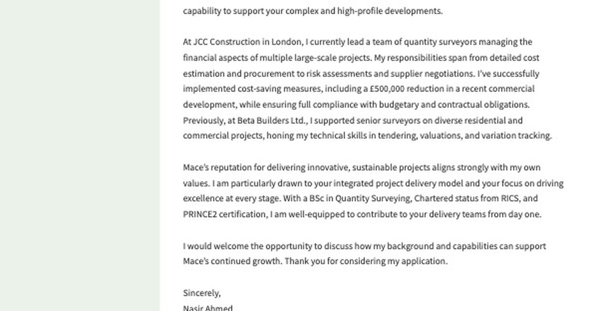 Quantity Surveyor Cover Letter: Free Examples & Expert Tips