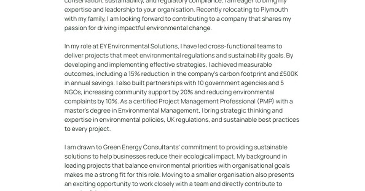 Cover Letter For Environmental