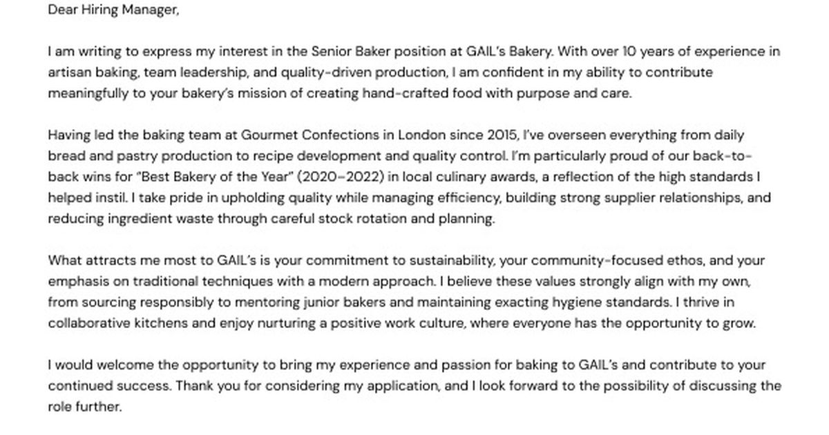Baker Cover Letter: Free Examples, Template & Tips
