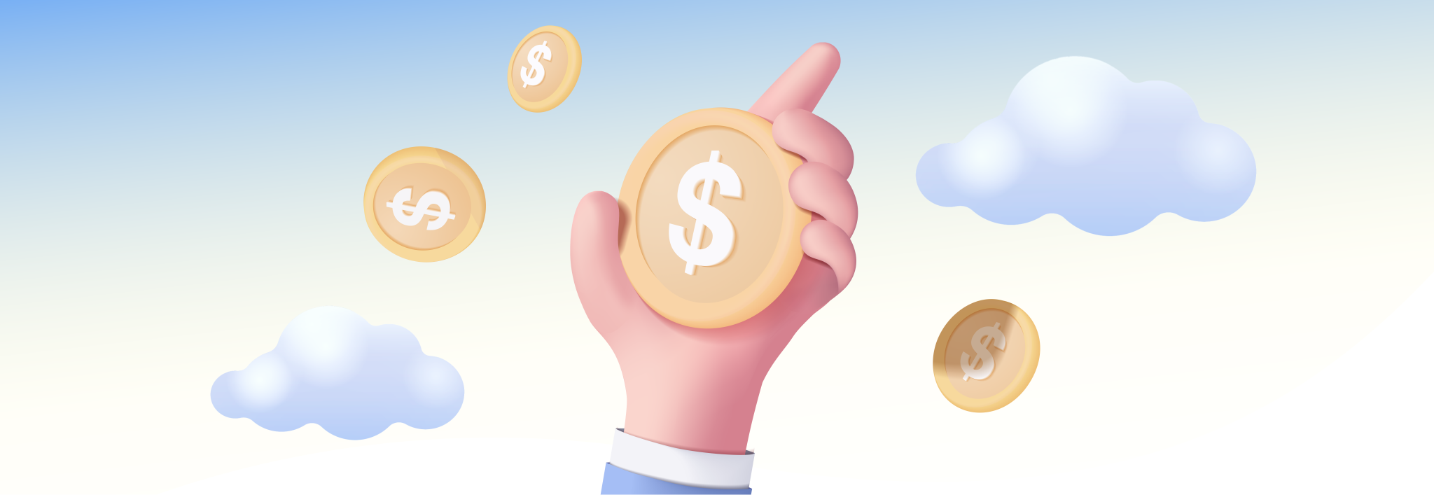 Graphic depicting a hand grabbing a coin near clouds | Raisin