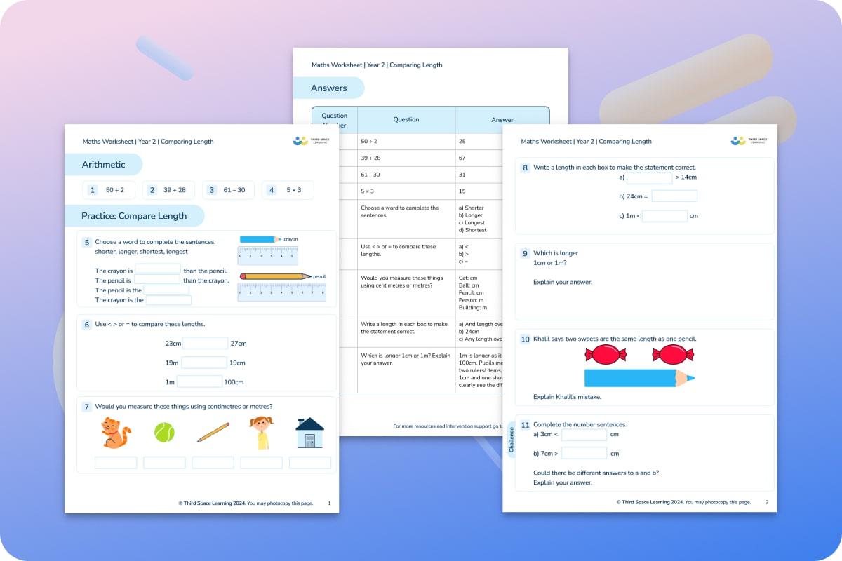 Maths Worksheet Comparing Length Year 2 | Maths Hub | Third Space Learning