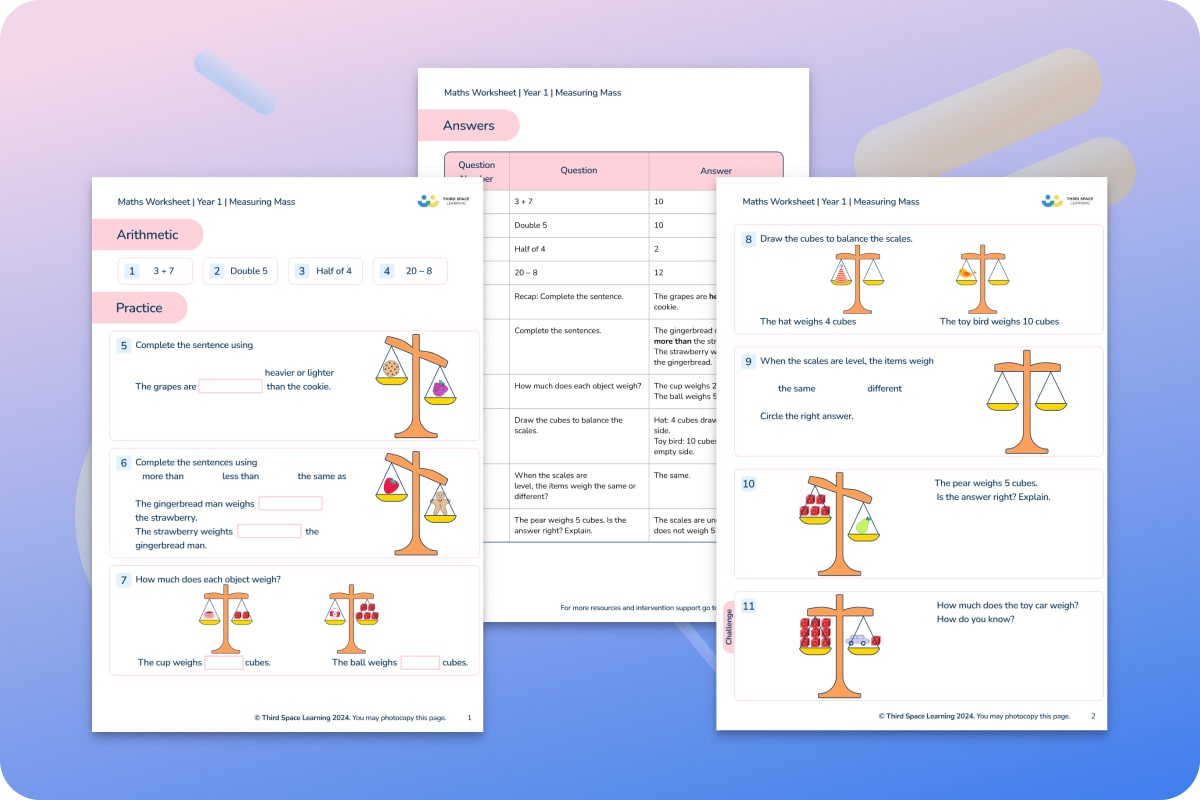 Maths Worksheet Measuring Mass Year 1 | Maths Hub | Third Space Learning