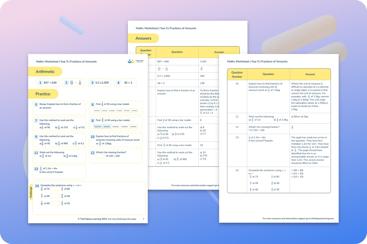 Maths Worksheet Fractions Of Amounts Year 5 Maths Hub Third Space
