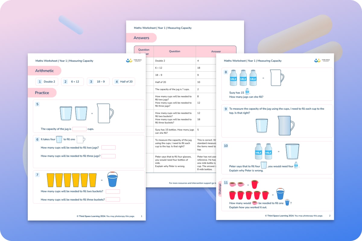 Maths Worksheet Measuring Capacity Year 1 | Maths Hub | Third Space ...