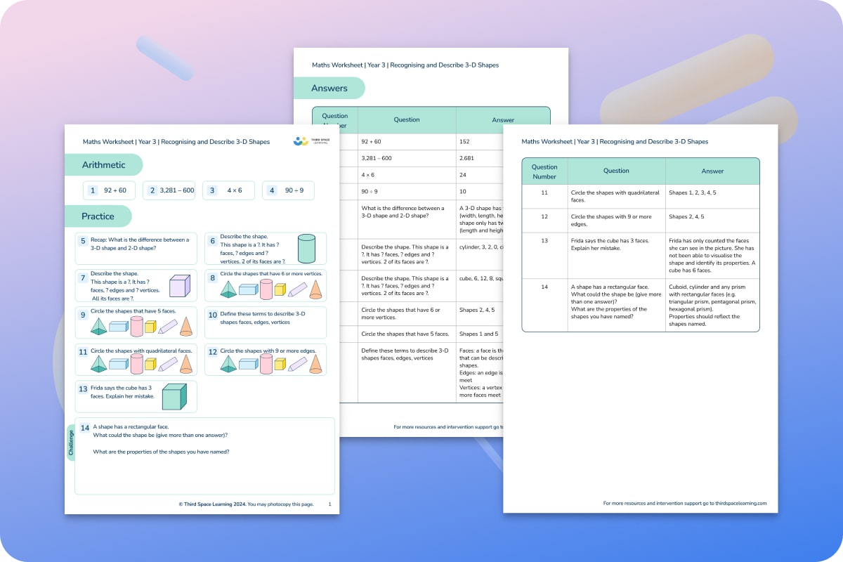 Maths Worksheet Recognising And Describing 3-D Shapes Year 3 | Maths ...