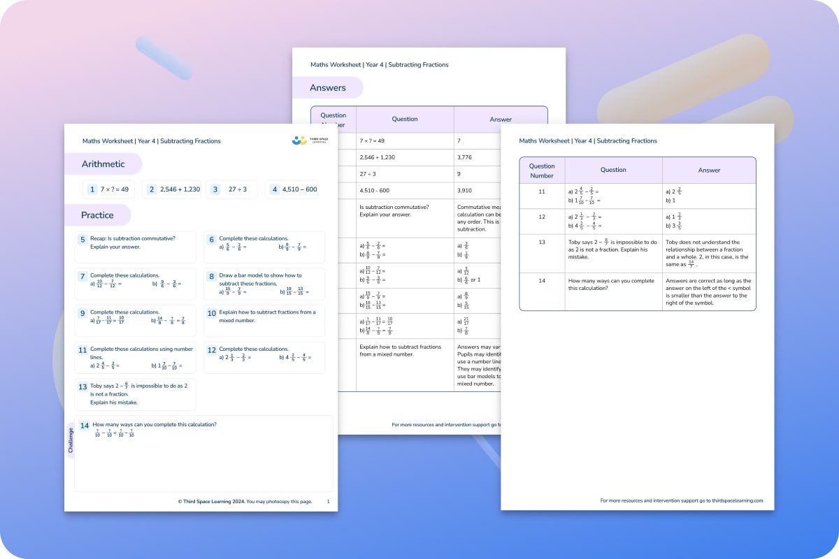 Maths Worksheet Subtracting Fractions Year 4 | Maths Hub | Third Space ...