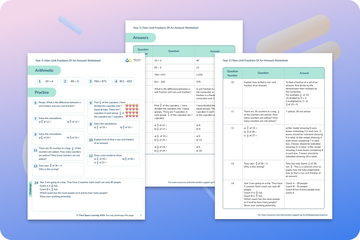 Maths Worksheet Non-Unit Fractions Of An Amount Year 3 | Maths Hub ...