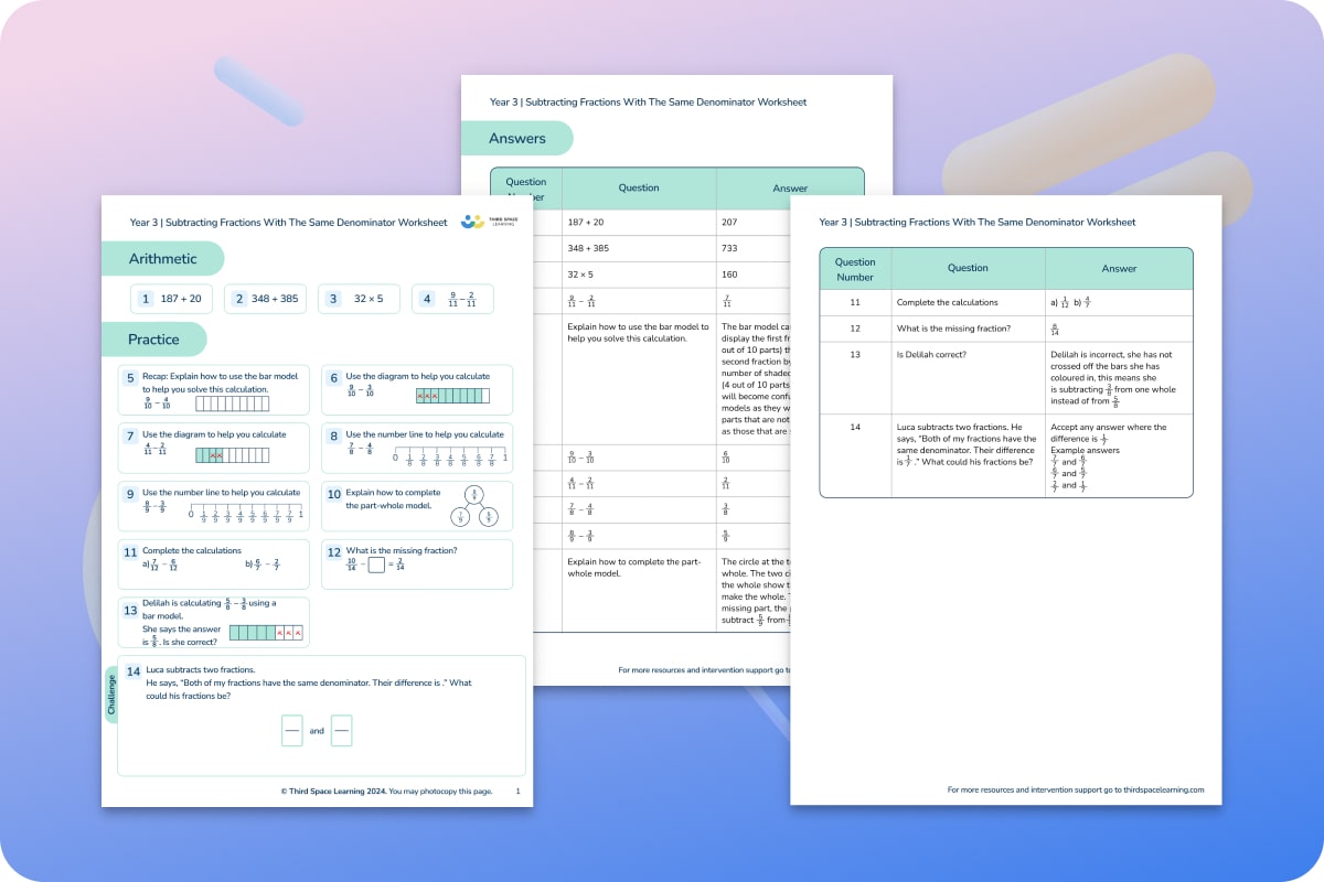 Maths Worksheet Subtracting Fractions With The Same Denominator Year 3 ...