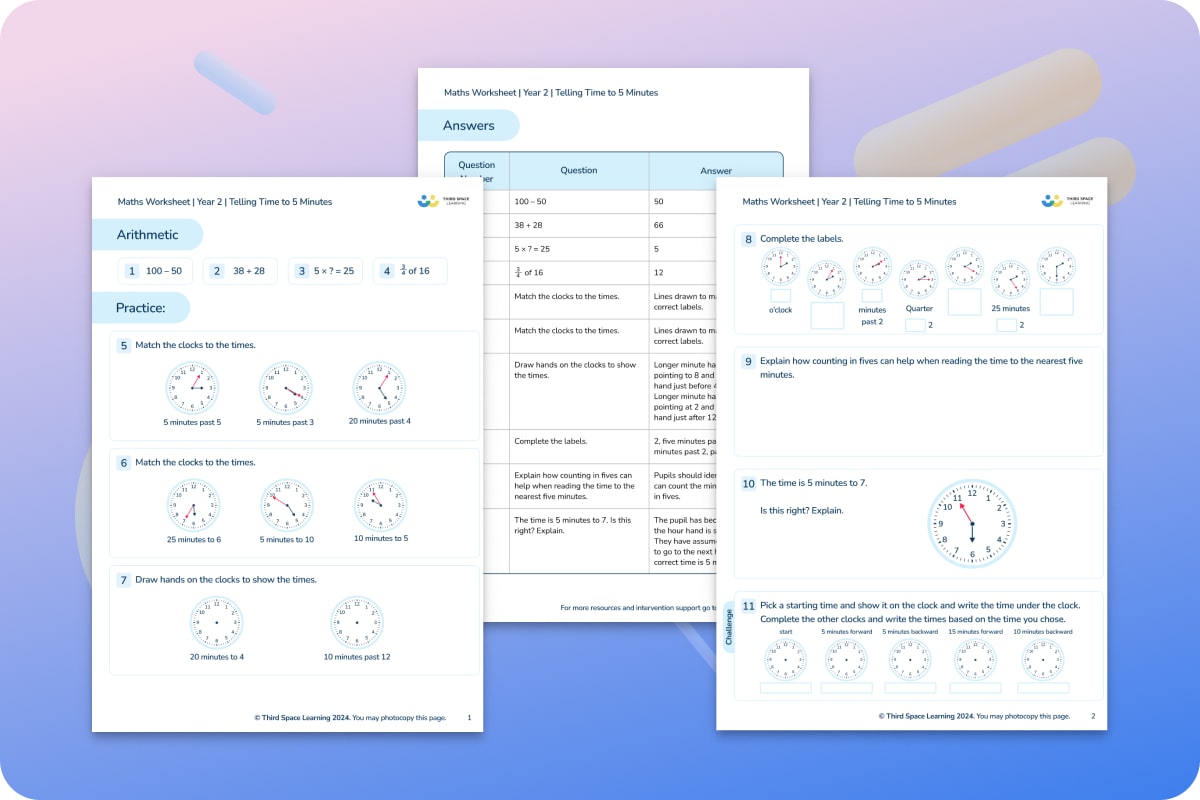 Maths Worksheet Telling Time to 5 Minutes Year 2 | Maths Hub | Third ...
