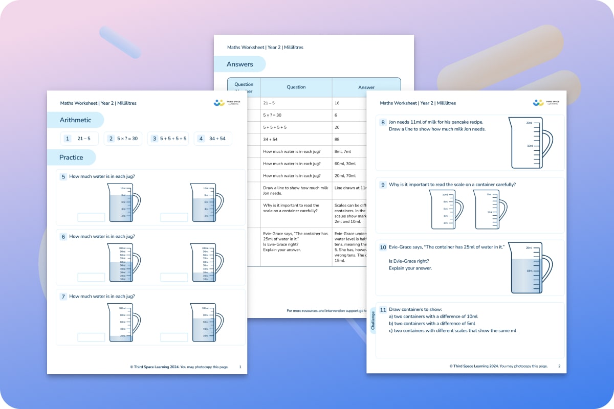 Maths Worksheet Millilitres Year 2 | Maths Hub | Third Space Learning