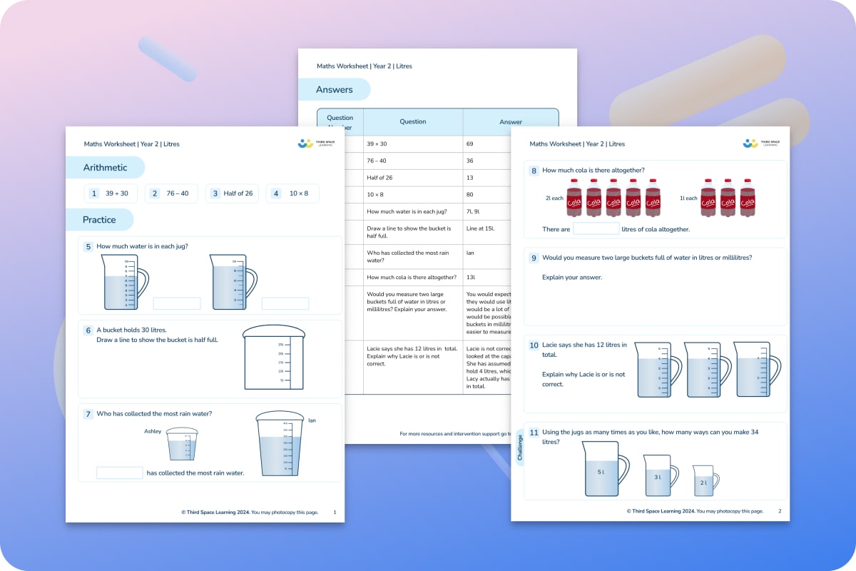 Maths Worksheet Litres Year 2 | Maths Hub | Third Space Learning