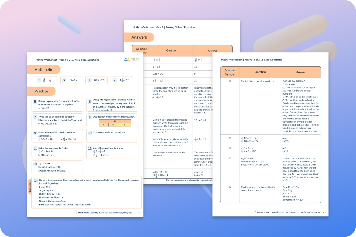 Maths Worksheet Solving 2-Step Equations Year 6 | Maths Hub | Third ...