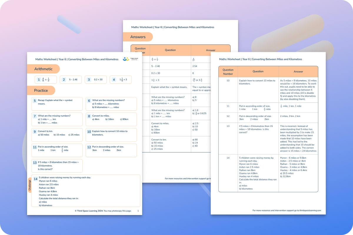 Maths Worksheet Converting Between Miles and Kilometres Year 6 | Maths ...