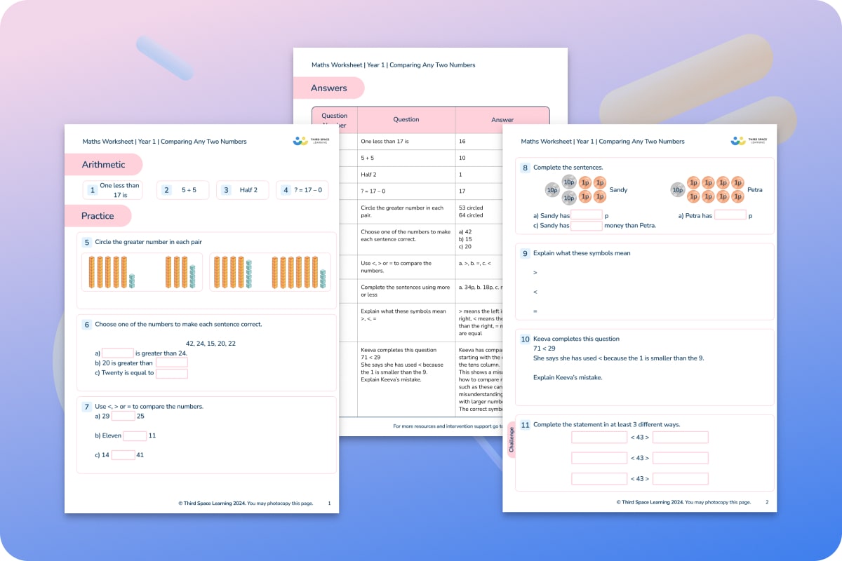 Maths Worksheet Comparing Any Two Numbers Year 1 | Maths Hub | Third ...
