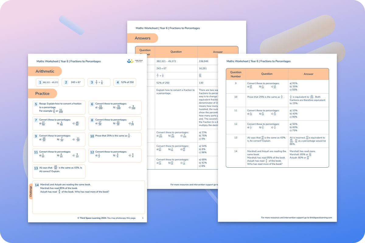Maths Worksheet Fractions to Percentages Year 6 | Maths Hub | Third ...