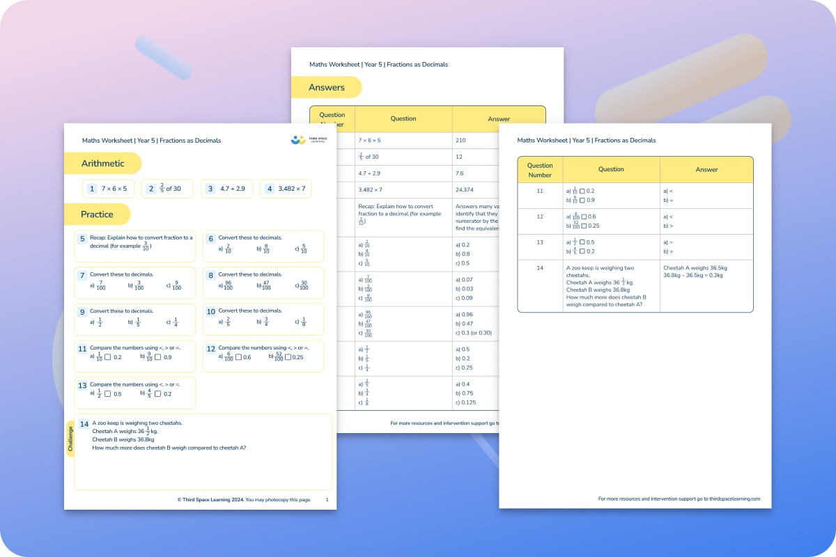 Maths Worksheet Fractions as Decimals Year 5 | Maths Hub | Third Space ...